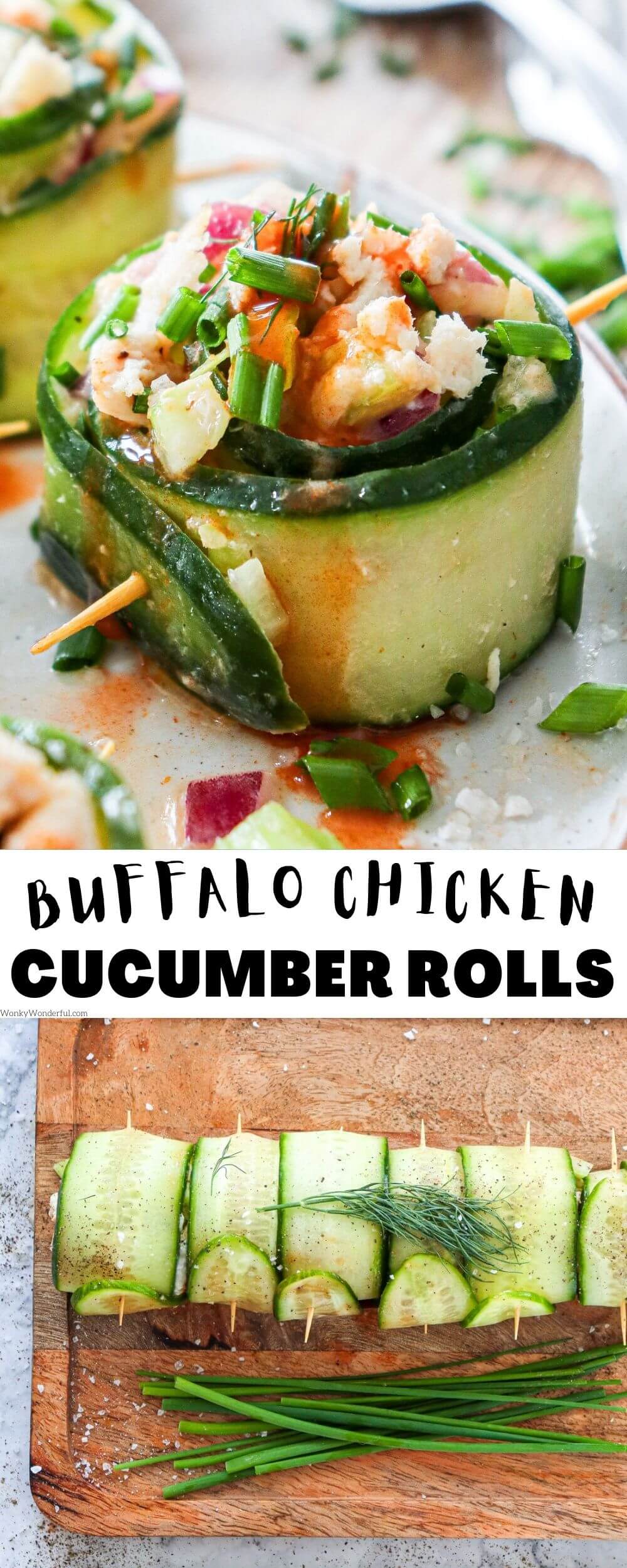 BUFFALO CHICKEN CUCUMBER ROLLS + WonkyWonderful